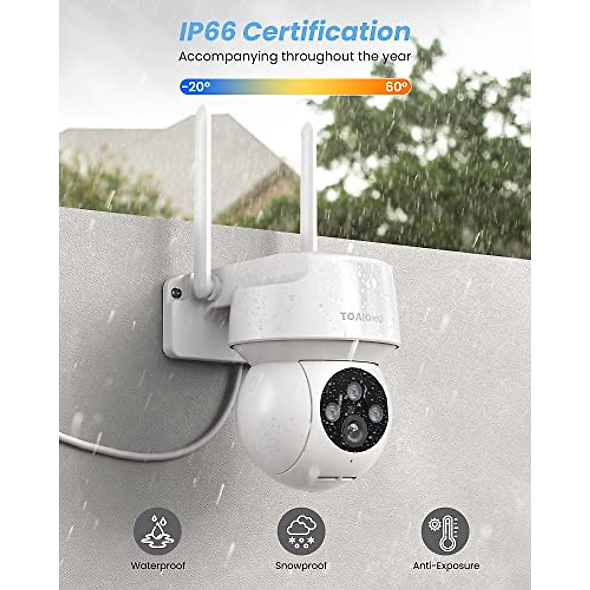 TOAIOHO 2K Security Camera Outdoor, Camera for Home Security Outside with Color Night Vision, Motion Detection and Alarm, 2-Way Talk, IP66 Waterproof, 360°Viewing,SD Card & Cloud Service