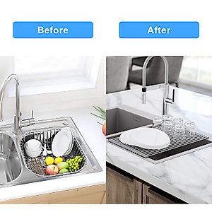 SunCleanse 17.8"×11.8" Roll-Up Dish Drying Rack, Over Sink Dish Drying Rack Drainer, Multi-Use Stainless Steel Foldable Dish Rack for Kitchen Sink Countertop, Grey