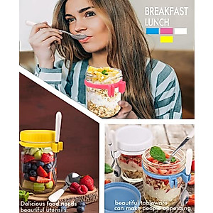 Overnight Oatmeal jars，4 piece set Overnight Oats Containers，with Lids and Pickle Fork ，spoon。16 oz Glass Mason Overnight Oats Jars ，Suitable for Cereal,oats, milk, cereal，fruit
