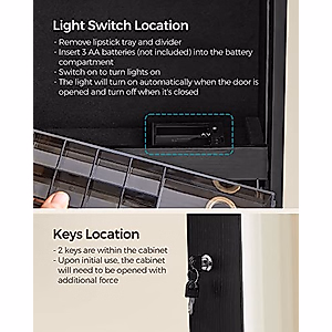 SONGMICS Mirror Jewelry Cabinet Standing Armoire Organizer, Jewelry Storage with Full-Length Frameless LED Lights, Built-in Makeup Mirror, 2 Drawers, Lockable, Black UJJC023B01