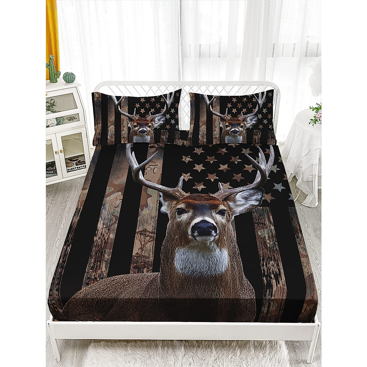 HOSIMA Deer Hunting Camo Bedding,Hunter Bedding Set American Flag Fitted Sheet Set Queen Size for Adult Teen Boy Bedroom Decor,1 Fitted Sheet+2 Pillowcases.