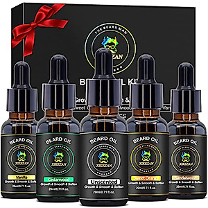 Beard Oil 5 Pack w/Unscented,Cedarwood,Sandalwood,Vanilla,Orange,Christmas Stocking Stuffers Fathers Valentines Day Gifts for Men Him Dad Boyfriend Husband,Beard Growth,Soften,Moisturizing,Strength