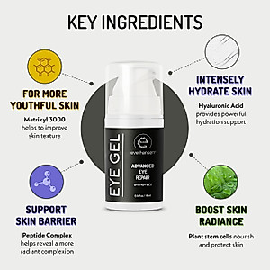 Eve Hansen Anti-Aging Eye Gel with Peptides | Under-Eye Cream With Plant Stem Cells, Hyaluronic Acid, Vitamin E | Cruelty-Free, Vegan, Made in USA .5 oz