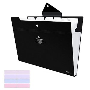 8 Pockets Letter A4 Paper Plastic Expandable Files Folder Snap Closure Accordion Document Organizer for School Office Home (Black)