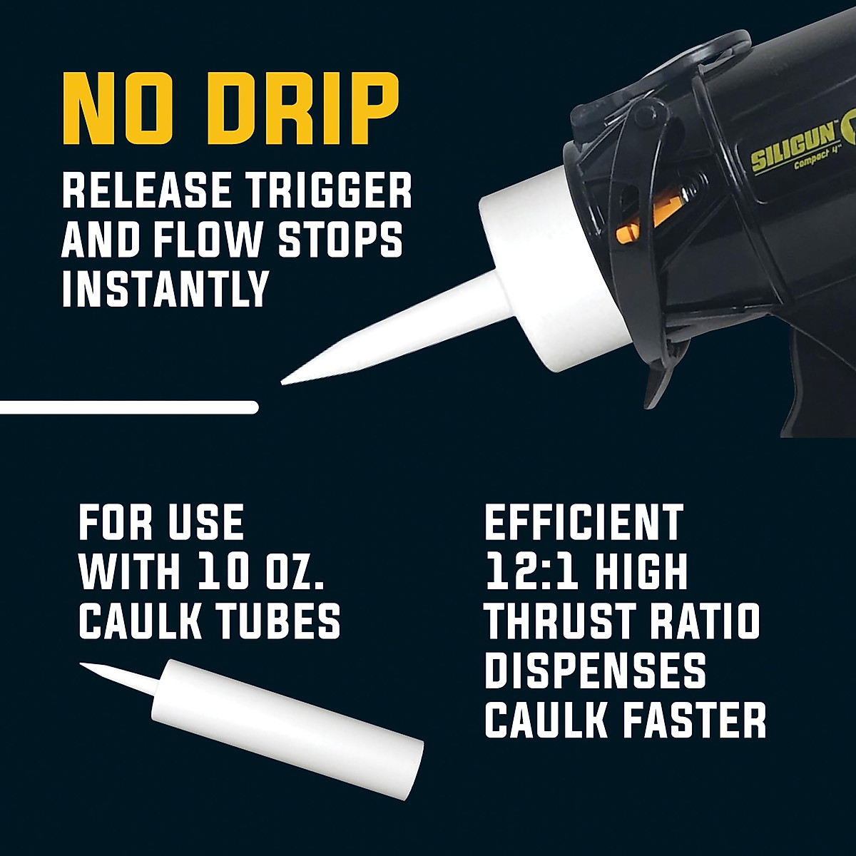 SILIGUN™ Compact Caulking Gun - No Drip Caulk Gun - Patented Design - Lightweight ABS Frame - Works with All 10 oz Tubes (SILIGUN Nozzle Kit)