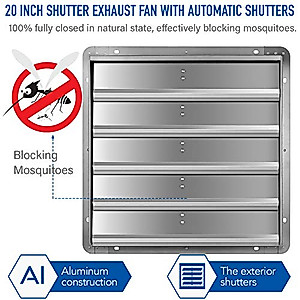 20 Inch Shutter Exhaust Fan Aluminum High Speed 1190RPM, 3368 CFM, Silver, with Adjustable Programmable Thermostat