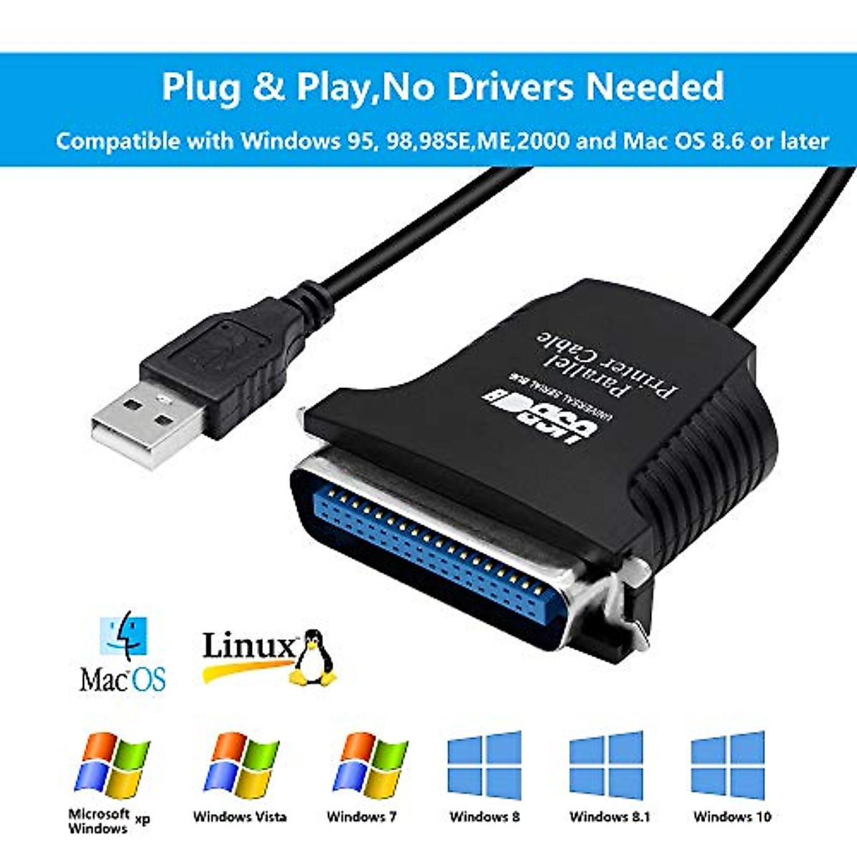 SinLoon USB to Parallel Port Adapter USB to IEEE1284 CN36 Parallel Printer Cable Adapter for Printer (2.8FT)