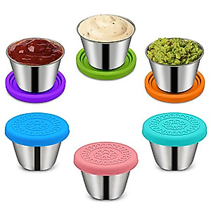 6Pack 2.4oz Small Condiment Containers with Lids, Salad Dressing Container To Go, Stainless Steel Sauce Container with Silicone Lids, Leakproof, Reusable, Small Dipping Sauce Cups with Lids