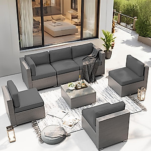 Patiomore 7-Piece Outdoor Patio Sectional Sofa Sets, Grey PE Wicker Furniture Set with Glass Coffee Table, Grey Cushion