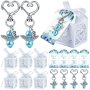 OurWarm Baby Shower Favors for Boys, 48 Sets Baby Shower Party Favors Including Angel Keychains, Favor Boxes and Thank You Cards Baby Shower Gifts for Boys Guests, Baptism Favors, Wedding Favors(Blue)