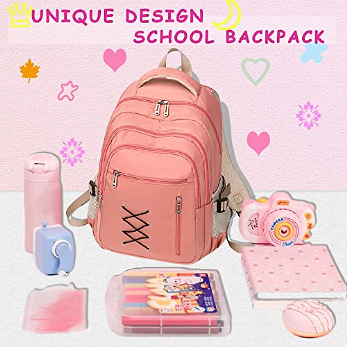 HotAdsFW Pink Backpack for Women Girls Laptop Backpack for Travel School Bag for Middle High School College Aesthetic Bookbag for Teen Girls with Multi Pockets Padded Shoulder Strap