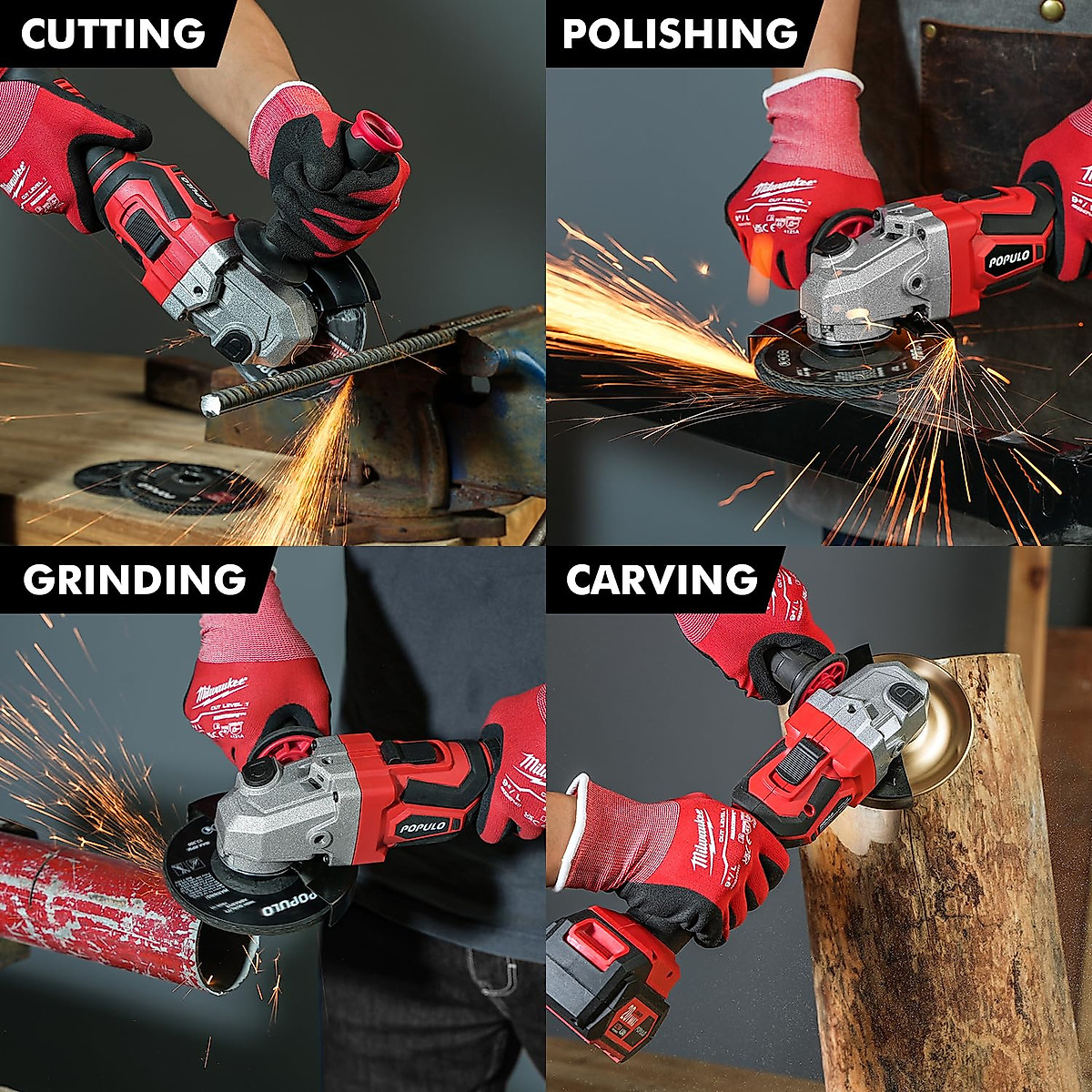 POPULO 20V Cordless Angle Grinder tool with Brushless Motor,Compatible 4-1/2 Inch Wheel,Metal Grinders W/4.0Ah Battery,Equipped 5” Grinding Wheel,Cutting Wheel,Flap Disc and Carving Disc