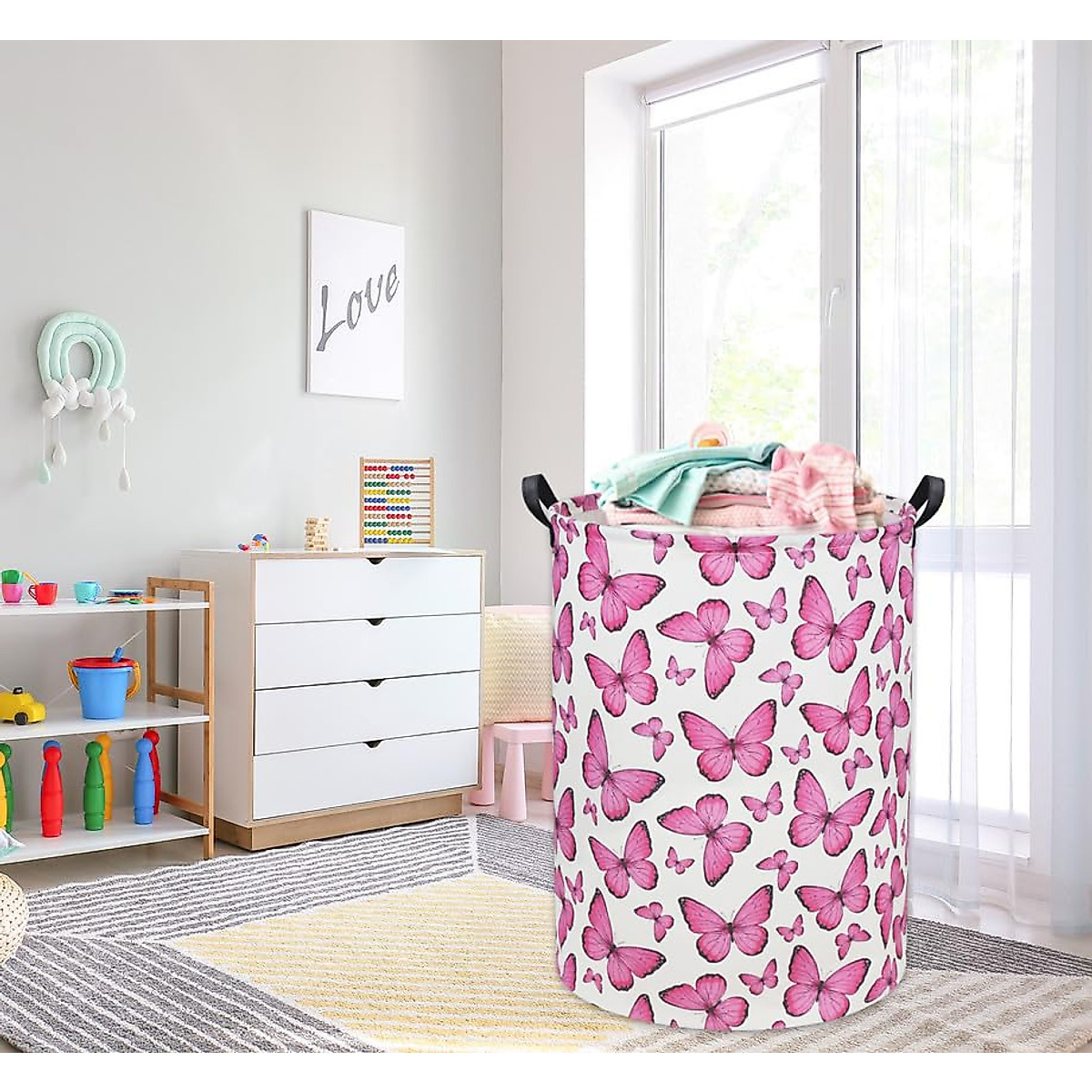 HIYAGON Butterfly Baby Laundry Basket Baby Hamper for Nursery Girl Kids Pink Hamper Cute Kids Toys Storage Bin Organizer Animal Room Decor for Home(Butterfly)