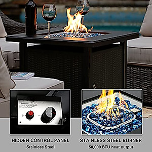 BALI OUTDOORS 28 Inch Propane Fire Pit Table, Rattan & Wicker-Look 50,000 BTU Gas Firepits with Blue Fire Glass for Outside Patio and Garden