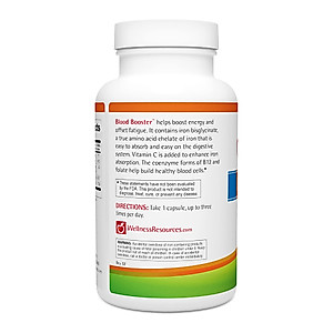 Blood Booster Iron Supplement for Energy and Fatigue - Gentle, Non-constipating Iron, Methylfolate and Other coenzyme B Vitamins (180 caps - Vegan, Gluten Free, Non-GMO)