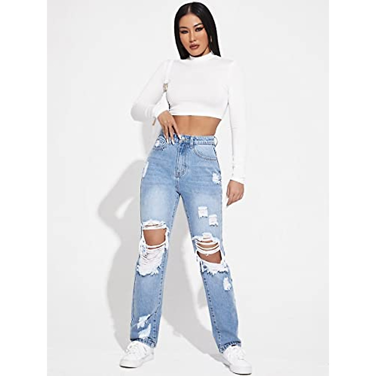 WDIRARA Women's High Waisted Ripped Straight Leg Jeans Cut Out Button Denim Pants Light Wash M