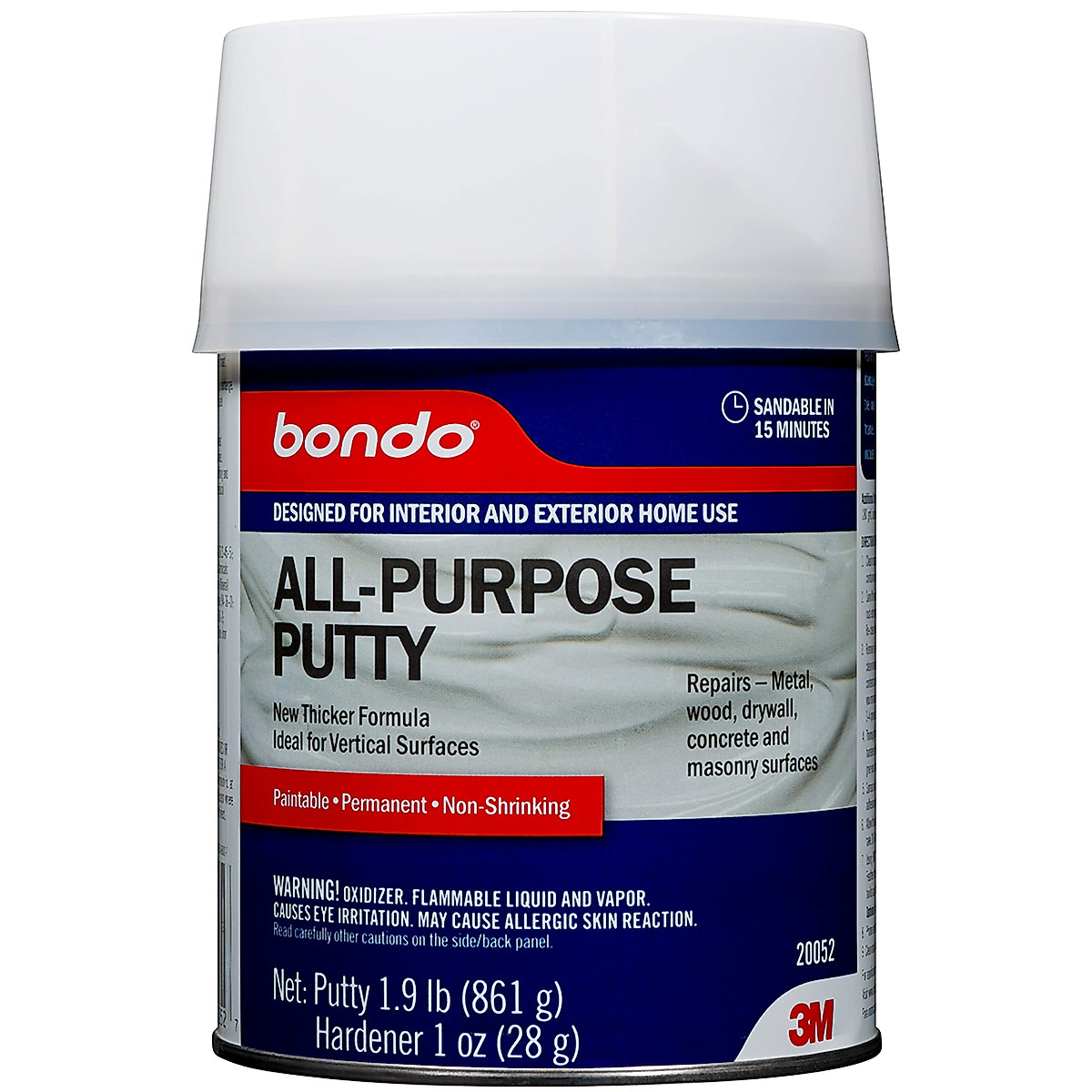 Bondo All-Purpose Putty, Designed for Interior and Exterior Home Use, Paintable, Permanent, Non-Shrinking, 1.9 lb., 1-Quart