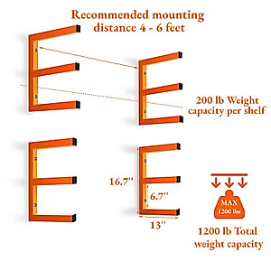 MOOMSINE Lumber Storage Rack Wall Mount, Heavy Duty Metal Wood Organizer with 6-Level Each Shelf Holds Up 200 Lbs, Indoor & Outdoor Use - 4pack
