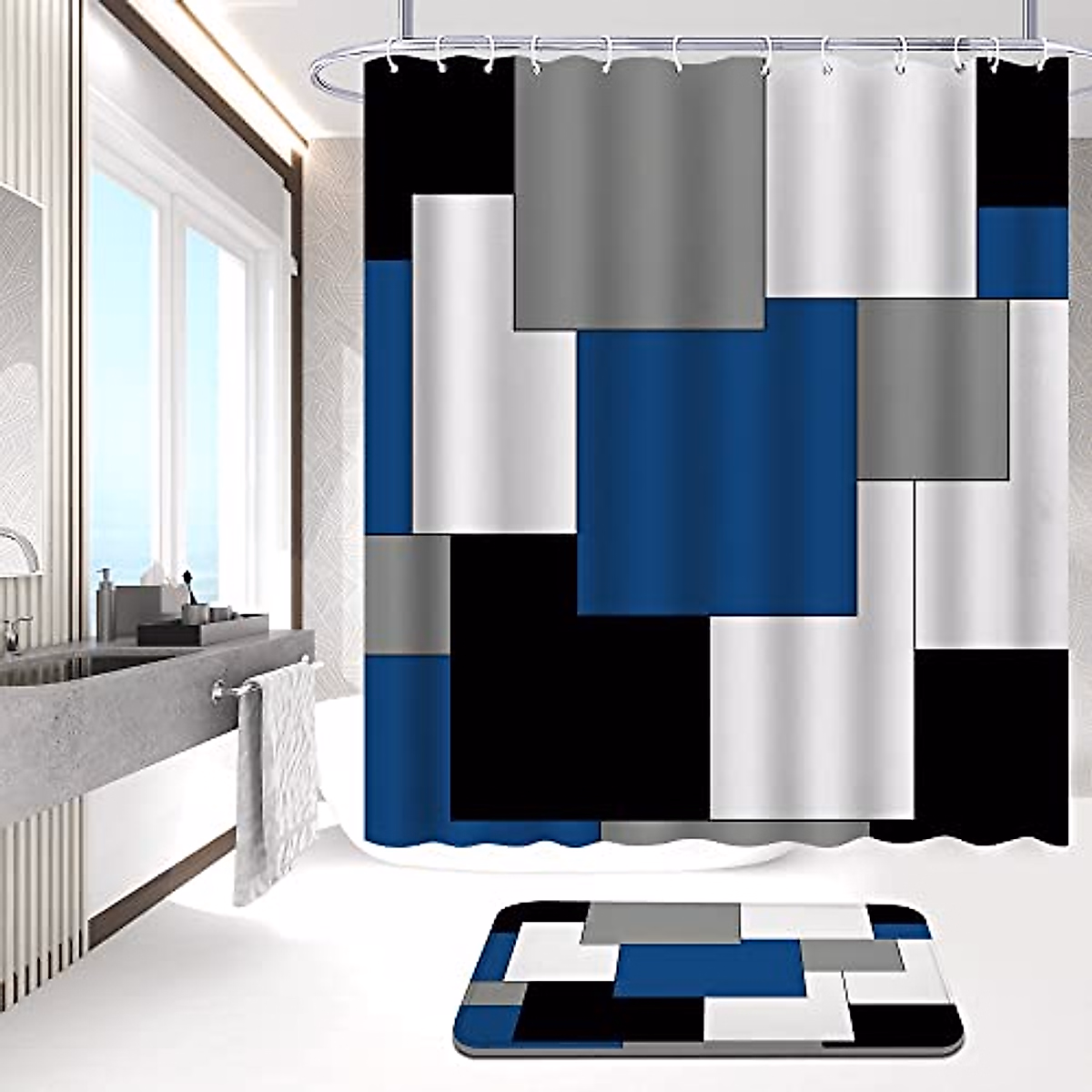 ENYORSEL Blue Bathroom Sets with Shower Curtain and Rugs, 4 Piece Geometric Bathroom Shower Curtain Set with Rugs, Incl Shower Curtain with 12 Hooks, Bath Mat, U-Shaped Floor Mat, Toilet Lid Oval Rug