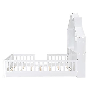 EOVTK Full Size Montessori House Floor Bed with Bedside Drawers and Shelves, Wooden Platform Bed with a Set of Sockets and USB Port for Kids, Boys, Girls, White