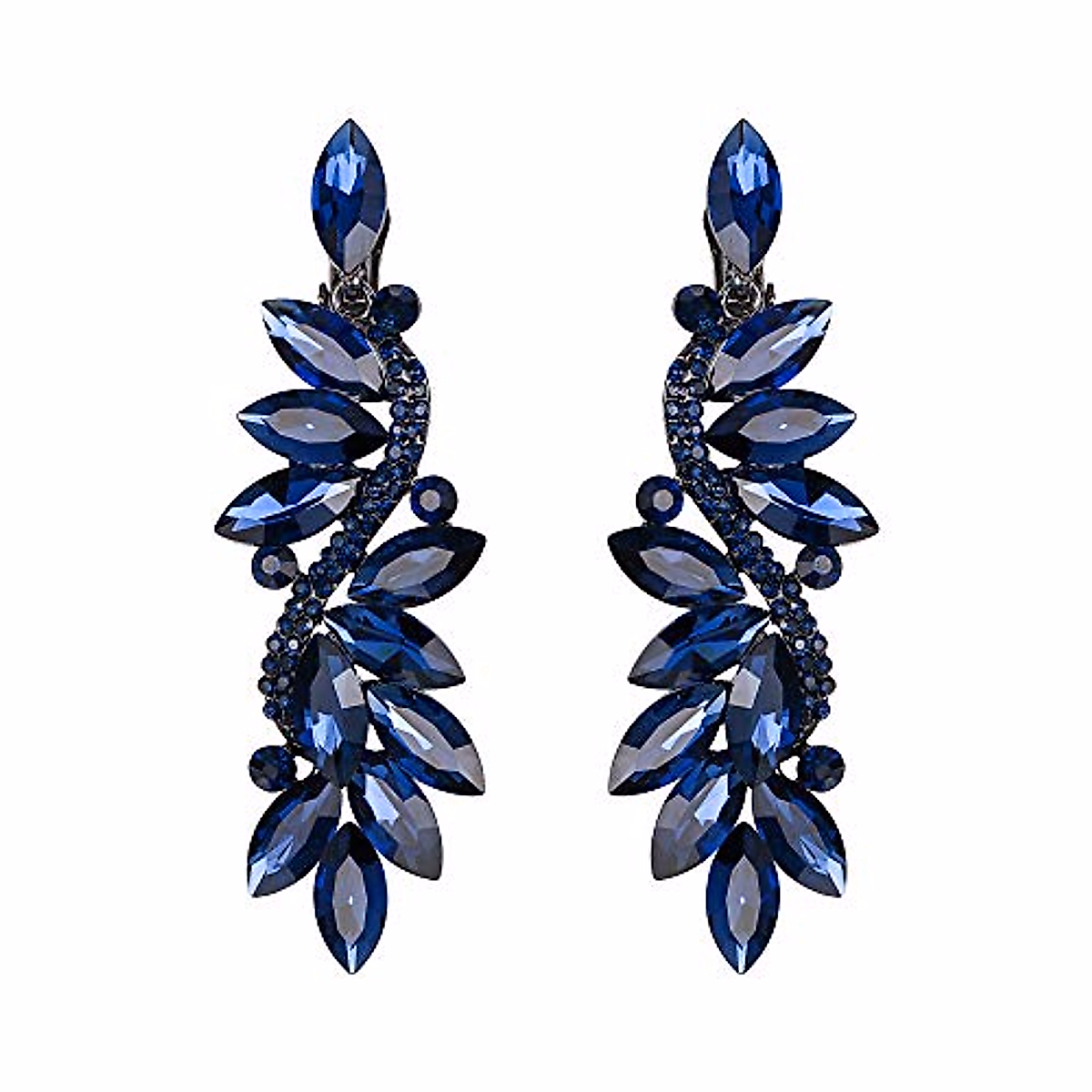 BriLove Wedding Bridal Clip On Earrings for Women Crystal Multi Marquise Filigree Flower Chandelier Dangle Earrings Navy Blue Sapphire Color Black-Silver-Tone