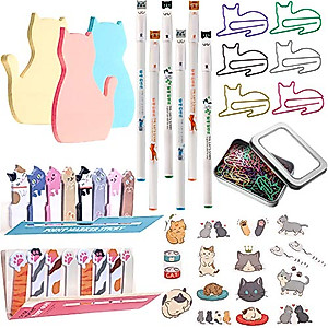 Cat Office Supplies Cat Sticky Notes Paper Clips Index Tabs Cat Gel Ink Pens Cat Shaped Bookmark Cartoon Stickers Set for Cat Lovers Kids Women Girl Work School Office(Cute Style)