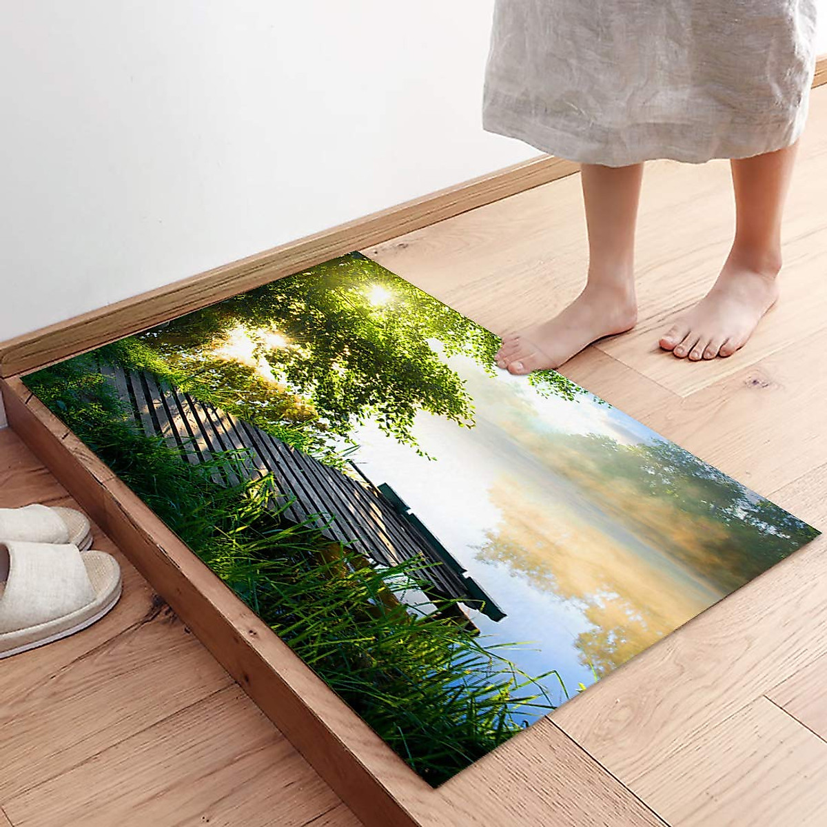 Indoor Doormat Front Door Mat Spring Nature Secluded Pier Lake Scenery Sun Rays Green Fresh Non Slip Rubber Back Floor Mat Entrance Low-Profile Welcome Mat Outdoor Rug for Home Office Garden