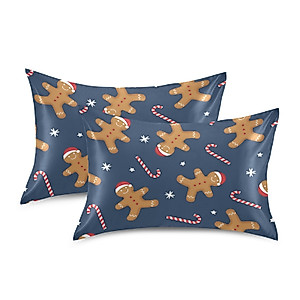 Christmas Gingerbread Man Blue Pillow Covers Silk Pillowcase for Hair and Skin Breathable & Silky Soft Satin Pillowcase Standard Size Pillow Case for Women Hot Sleepers, Night Sweats Bed (20x26 Inch)