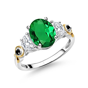Gem Stone King 925 Silver and 10K Yellow Gold Oval Green Nano Emerald and White Moissanite 3-Stone Ring For Women (2.01 Cttw, Available In Size 5, 6, 7, 8, 9)