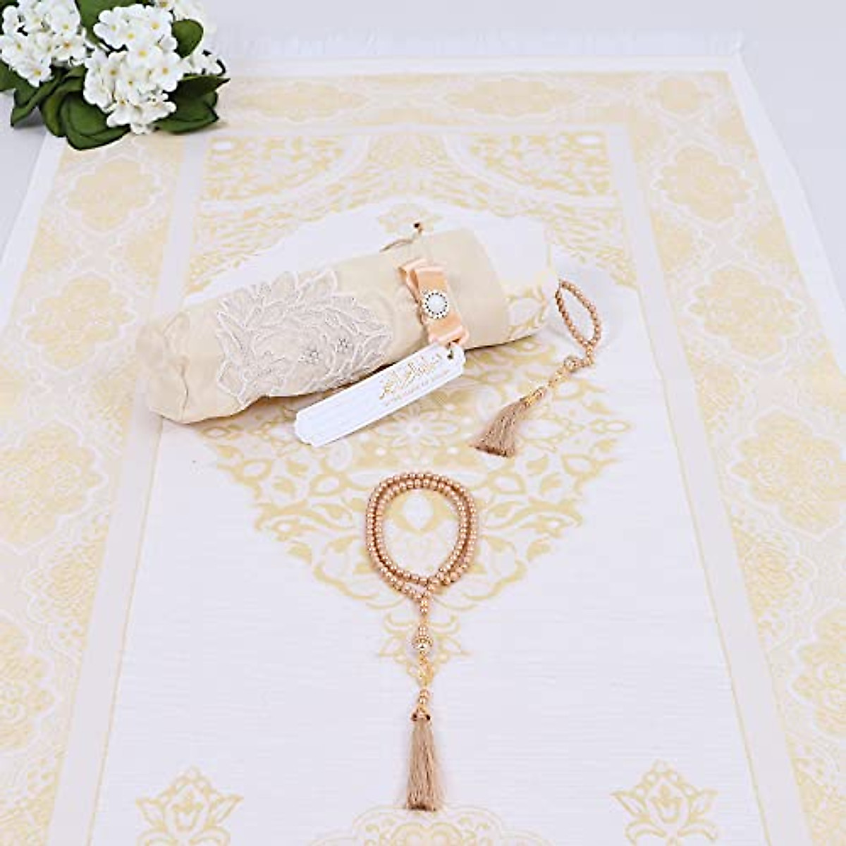 Islamic Elite Favors Personalized Muslim Lightweight Travel Prayer Rug Beads Set, Prayer Mat Tasbeeh Set, Ramadan Eid Hajj Umrah Wedding Birthday Graduation Mother's Day (Gold)