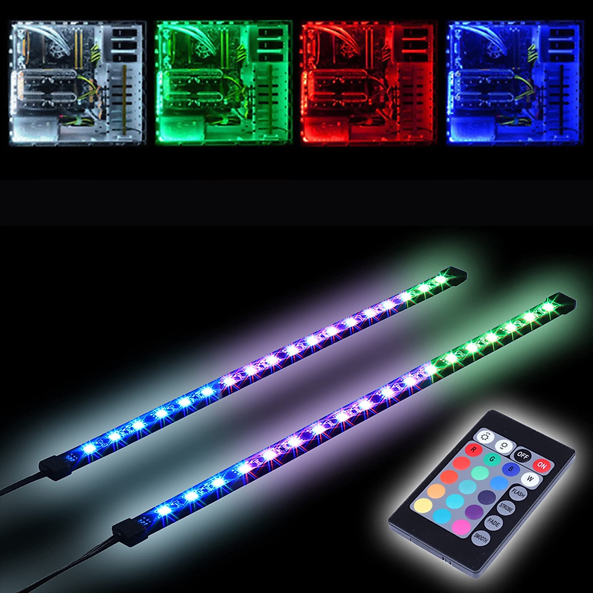 DS leddess RGB LED Strip Computer Lighting via Magnet with Controller for Desktop Computer Case Mid Tower Full Tower (24Key Remote,2PK,30CM,R Series)