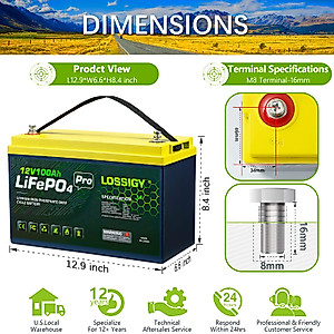LOSSIGY 12V 100AH LiFePO4 Lithium Battery with 100A BMS, 1280Wh Deep Cycle Power Supply, Perfect for Solar System, RV, Marine, Off Grid, Golf Cart,