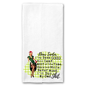 Dear Santa, I've Been Good All Year...Funny Vintage 1950's Housewife Pin-up Girl Waffle Weave Microfiber Towel Kitchen Linen Stocking Stuffer Holiday Christmas Gift