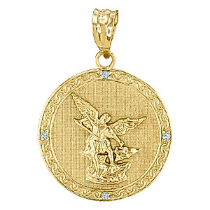 14K Yellow Gold Diamond Accented 1” Round Saint Michael The Archangel Medal Pendant Necklace (SI1-SI2 Clarity)