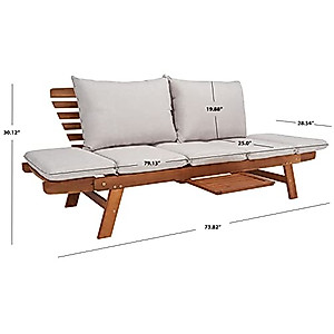 Safavieh PAT7300E Collection Emely Acacia Wood Expandable Loveseat Outdoor Daybed, Natural/Light Grey