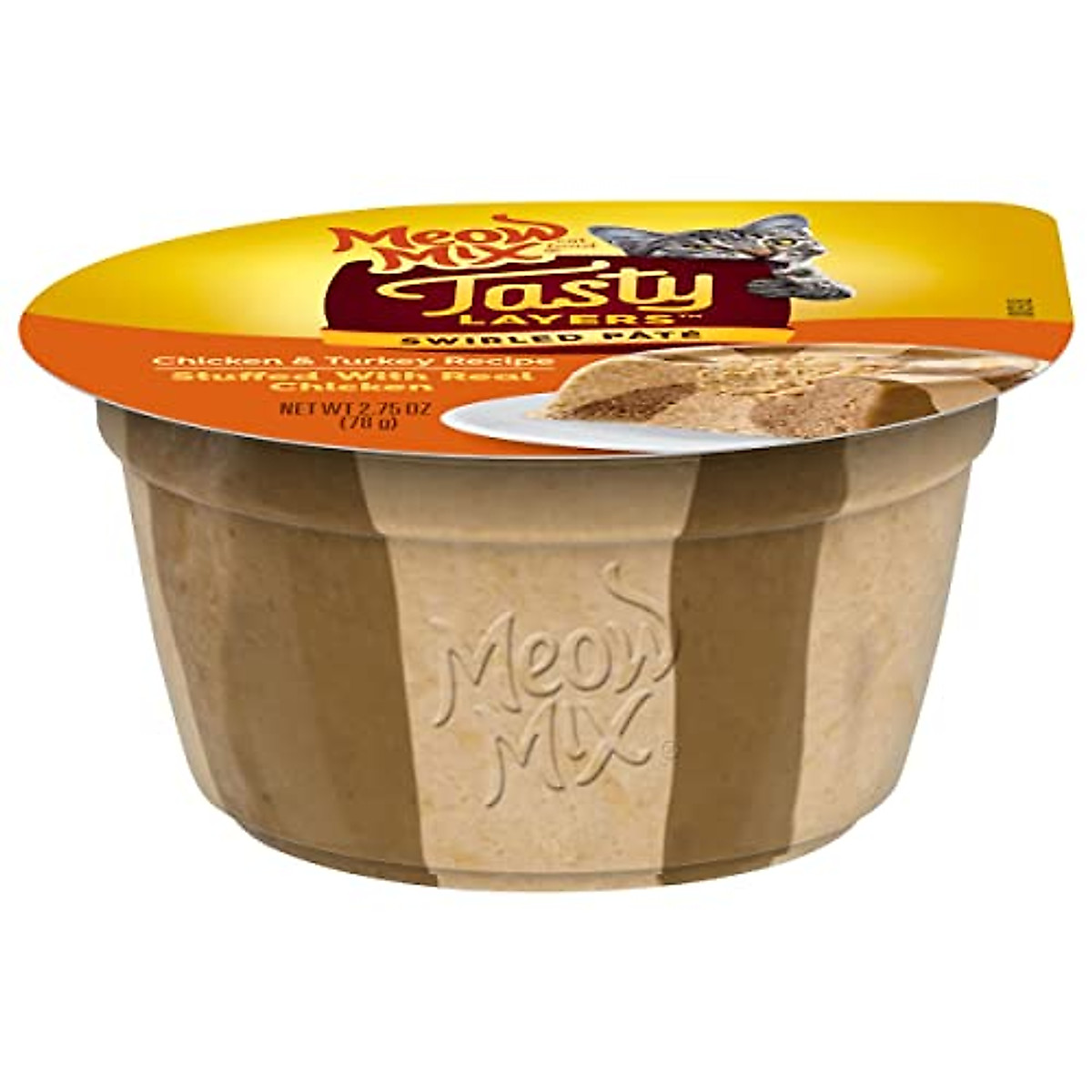 Meow Mix Tasty Layers Swirled Paté Cat Food, Chicken & Turkey Recipe in Sauce Stuffed With Real Chicken, 2.75 oz. Cup, 12ct