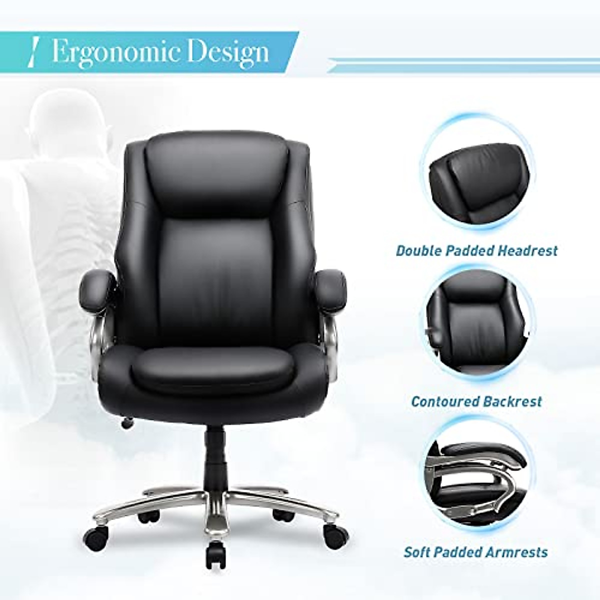 COLAMY Big and Tall Office Chair 400lbs Wide Seat- High Back PU Leather Executive Computer Desk Chair for Heavy People, Large Office Chair with Heavy Duty Metal Base and Ergonomic Back Support- Black