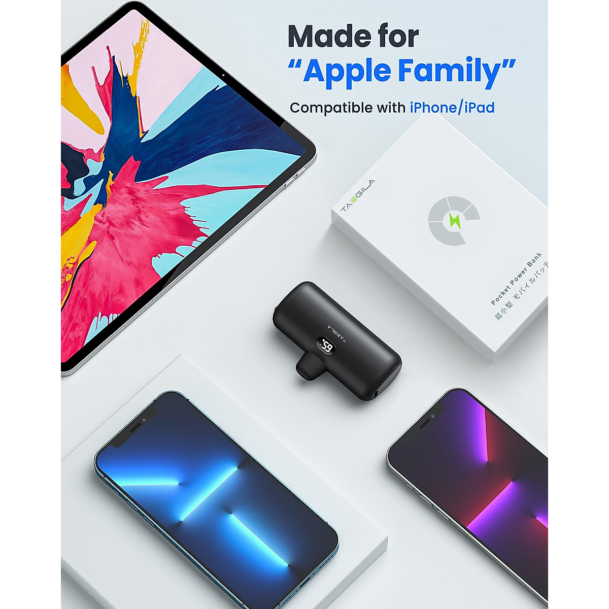 Taegila Portable Phone Charger for iPhone, 5000mAh Small Power Bank MFi Certified Built in Cable LCD Display & LED Light for All iPhone Series 14/13/12/11/XR/X/SE/8/7/6 Pro Max