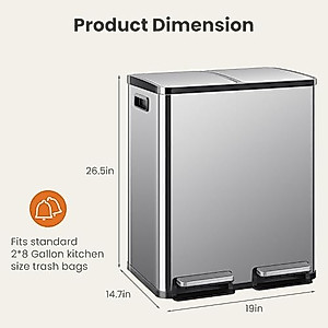 Homee 16 Gallon Trash Can Soft-Close Lid, Recycling Kitchen Trash Can with Foot Pedal and Removable Inner Bucket, 60 Liter Stainless Steel Waste Bin
