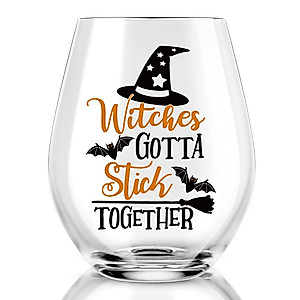 AGMDESIGN Witches Gotta Stick Together Wine Glass, Funny Halloween Witch Wine Glass Gift for Her, Mom, Wife, Boss, Sister, Birthday or Christmas Gift For Office Coworkers Mom Dad