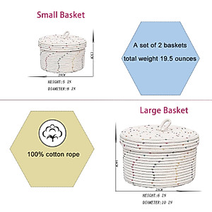 Lvfaismeg Round Basket with Lid-Set of 2 Rope Basket with lid,Natural Cotton Decorative Basket-Storage Baskets with Lids,Big Basket with Lid and Small Basket for Organizing(10"x6"/8"x5").