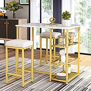 Recaceik 3-Piece Modern Bar Table Set, Pub Table Dining Table Set with Open Storage Shelves, Bar Table and Chairs Set with 2 PU Bar Stools, Counter Height Table Kitchen Table Set for Small Space
