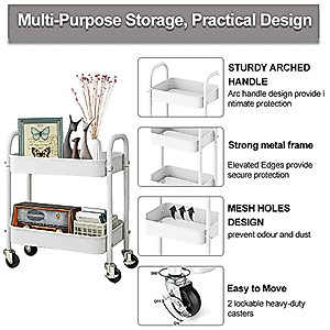 2 Tier All-Metal Rolling Cart,Rolling Storage Cart with Handle and Locking Wheels Kitchen Cart,Laundry Office Bathroom Storage Organizer Cart with Wheels, White