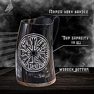 FENRIR Special Edition Viking Drinking Horn Mug with Bottle Opener for Ale Beer Cold Drink Natural Shine Polished 16-oz -2 Pieces Set | Compas Shine Polished