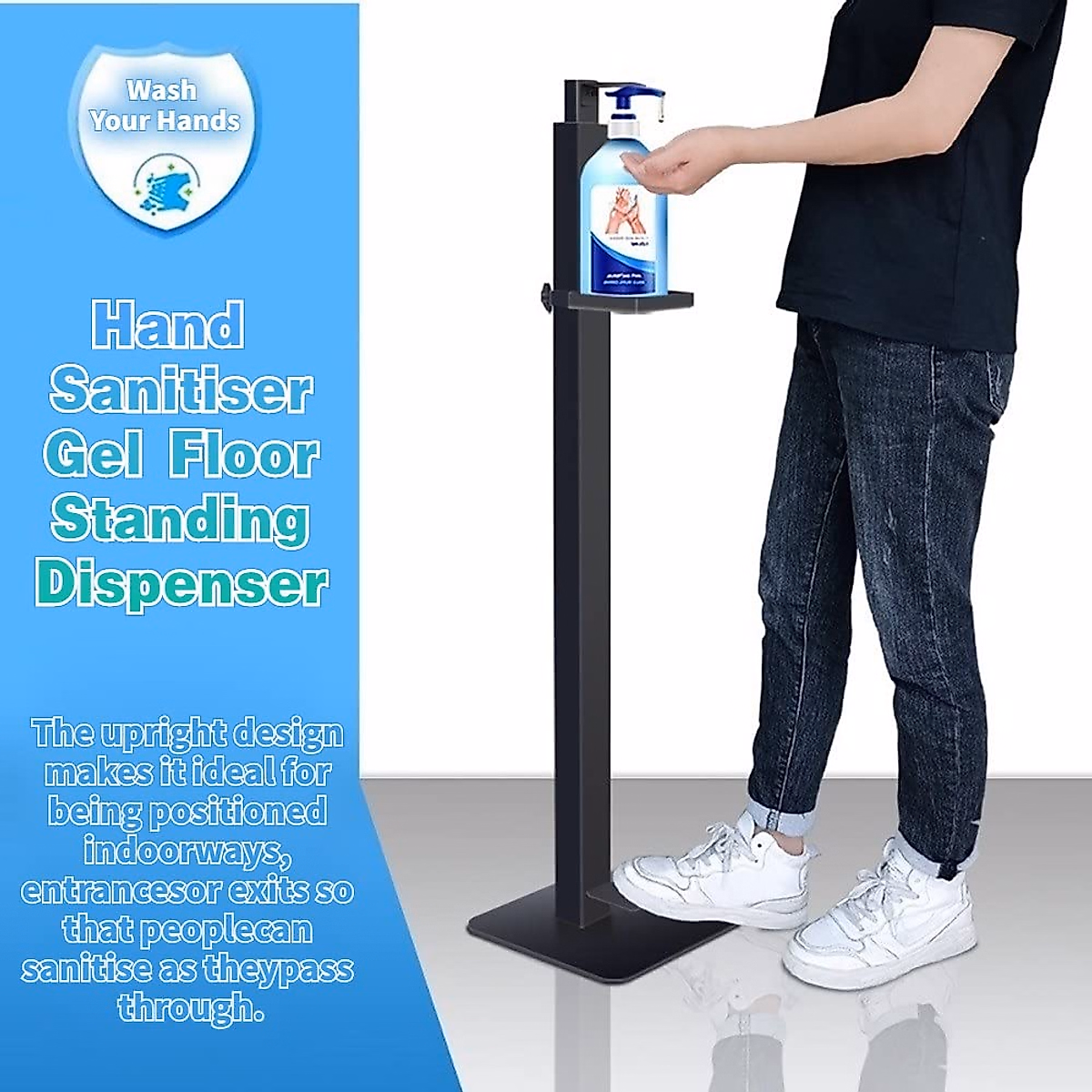 Hand Sanitizer Dispenser Stand - Foot Pedal Operated Dispenser Station for Home Hotels Commercial, Freestanding Hand Soap Holder Floor Stand, Black