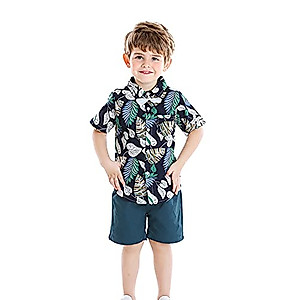 JunNeng Toddler Baby Boy Shorts Sets Hawaiian Outfit,Infant Kid Leave Floral Short Sleeve Shirt Top+shorts Suits Dark Blue
