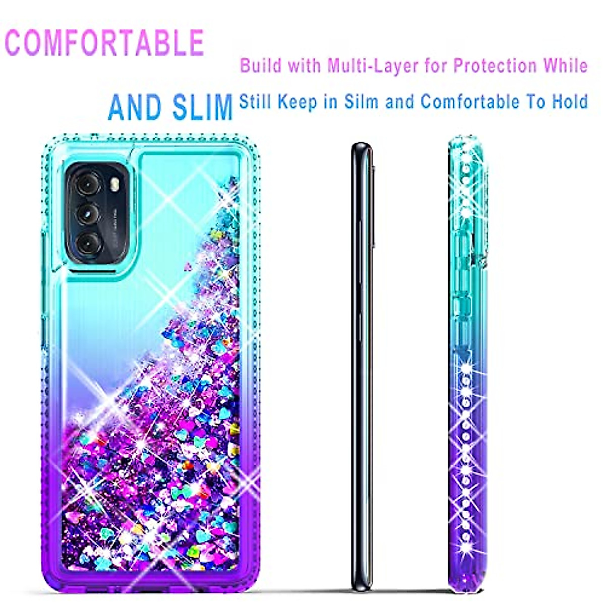 STARSHOP Moto G Stylus 5G 2022 Phone Case, with [Tempered Glass Screen Protector Included] Liquid Bling Sparkle Floating Glitter Quicksand Cover Girls Women for Motorola G Stylus 5G 2022- Teal/Purple