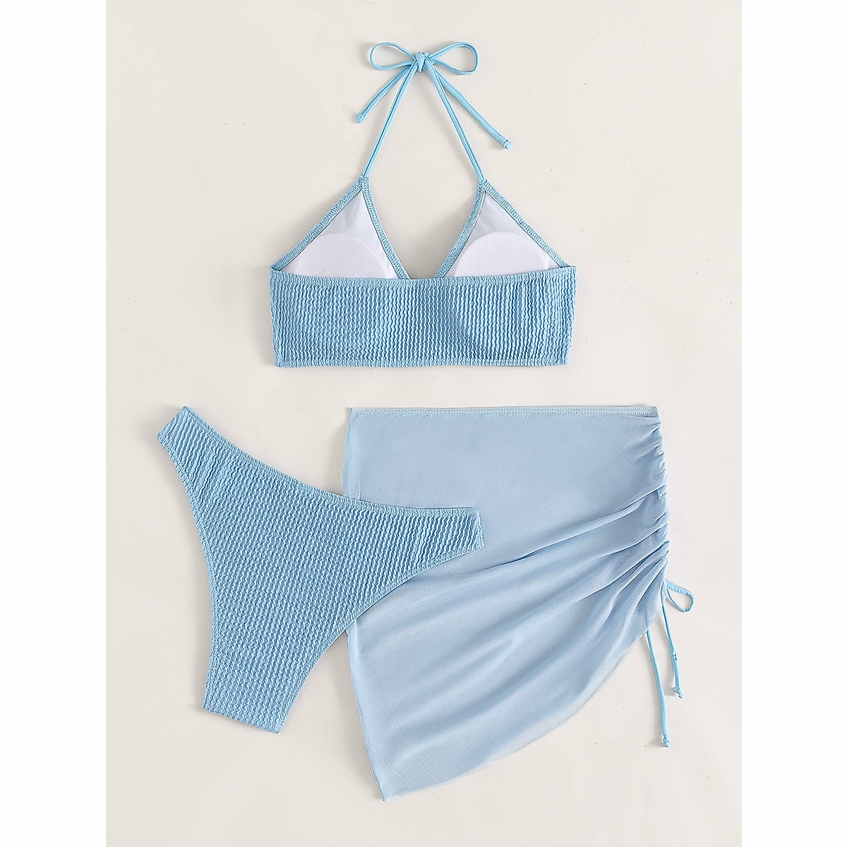MakeMeChic Women's 3 Piece Bathing Suits Halter Ring Bikini Set with Cover Up Skirt Light Blue S