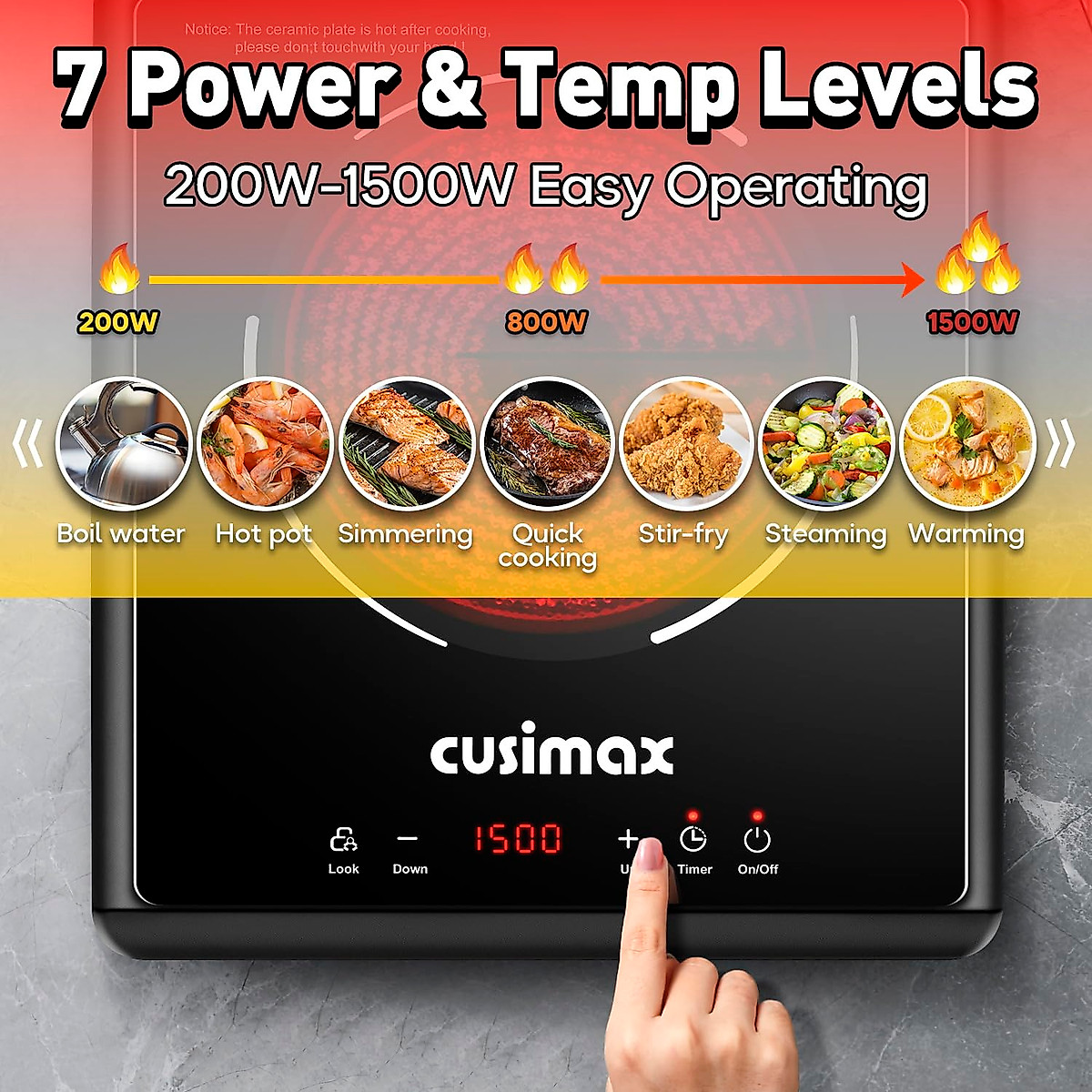 CUSIMAX 1500W Hot Plate, Portable Infrared Electric Stove For Home With 7 Speed,Ceramic Countertop Stove Sensor Touch,Kids Safety Lock And Timer,Compatible For All Cookwares