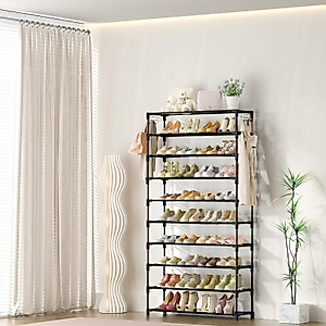 LANTEFUL 10 Tiers Shoe Rack 50 Pairs Large Capacity Tall Shoe Organizer Sturdy Shoe Storage with Two Hooks Space Saving Metal Wide Shoe Rack for Closet, Entryway, Bedroom, Black